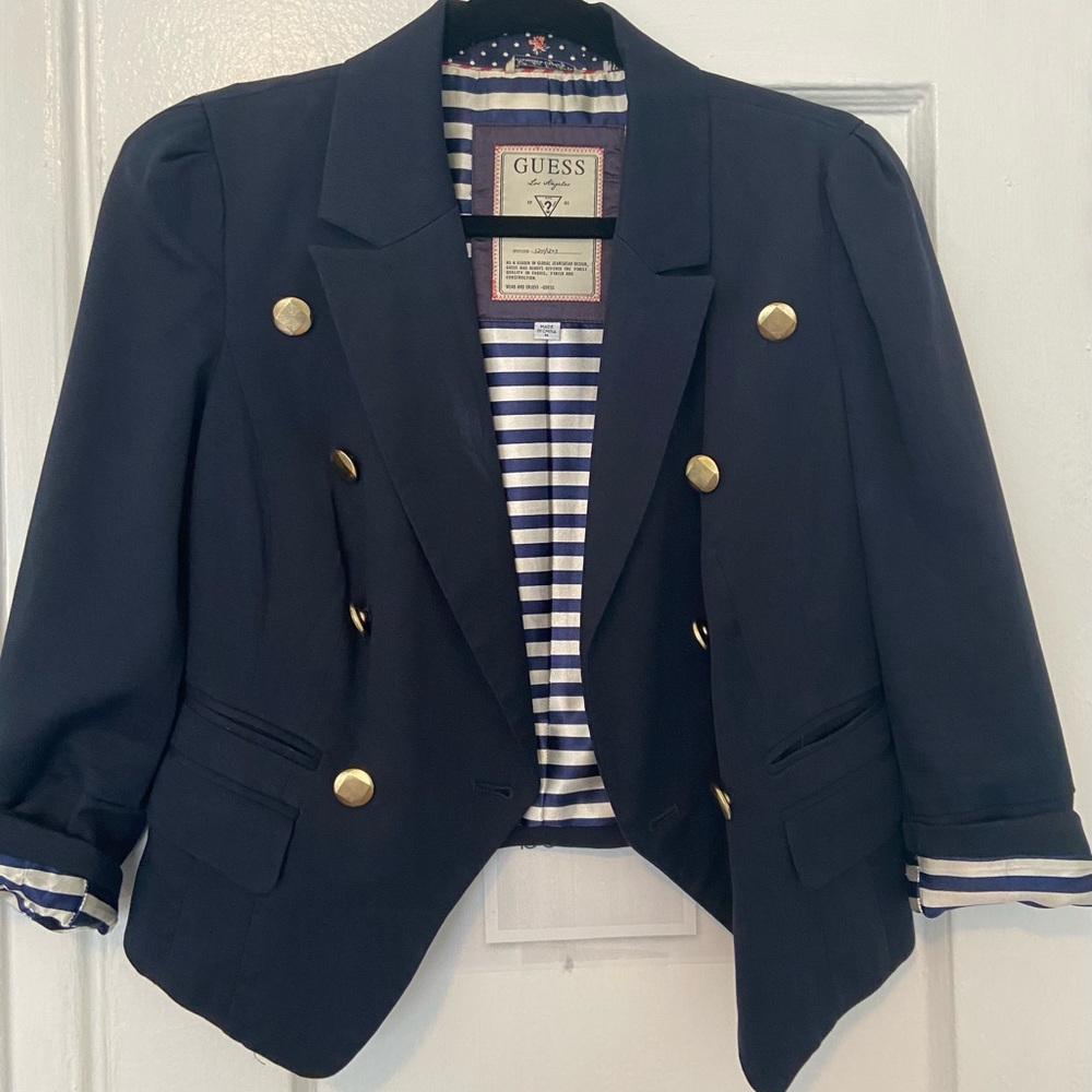 Guess Crop Blazer Navy Blue Gold Buttons Military - Gem
